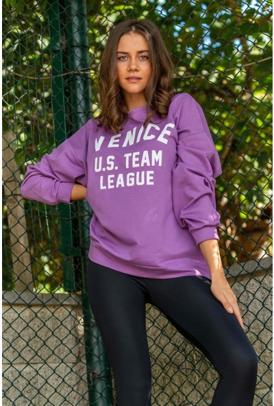 Baskılı Oversize Sweatshirt - Lila