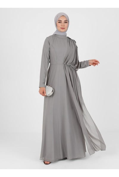 Dantel Detaylı Abiye Elbise - Gri - Tavin