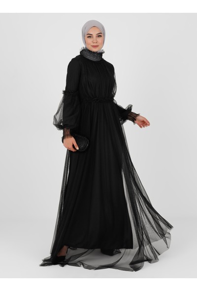 Tavin Yaka Detaylı Tül Abiye Elbise - Siyah - Tavin