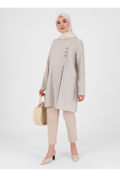 Düğme Detaylı Çizgili Tunik - Vizon - Tavin