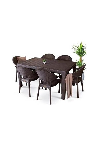 Capissi Garden Kahve 6 Kişilik Sandalye Masa Bahçe Takımı 80 x 140