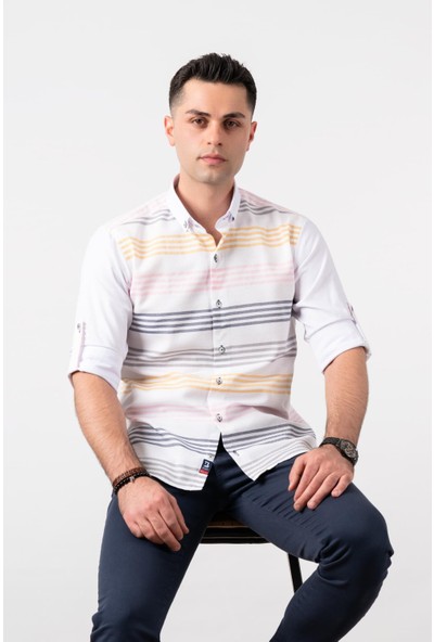 Bican Slimfit Çizgili Yaka Düğmeli Kol Katlamalı Erkek Gömlek Bican Slimfit Çizgili Yaka Düğmeli Kol Katlamalı Erkek Gömlek