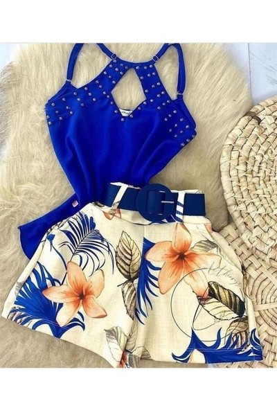 Kemerli Şort Bluz Takın- Mavi