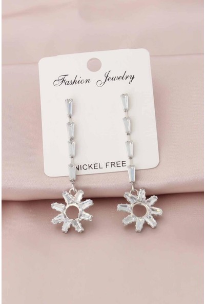 Modalem Zirkon Taşlı Çiçek Tasarım Gümüş Renk Kadın Küpe 38783