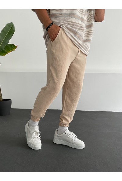Bej Paçası Lastikli Krep Kumaş Pantolon DP-002