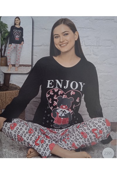 Elegance Siyah Kırmızı Çiçekli Pijama Takımı