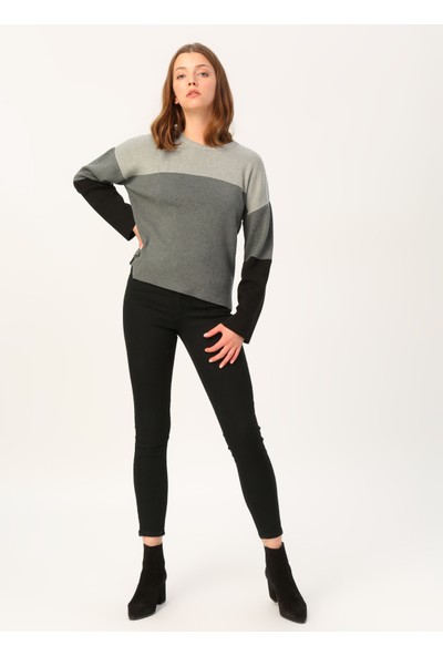 Limon Gri Siyah Kadın Ince Triko Kazak