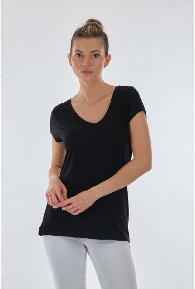 On V Yaka Kısa Kollu Siyah Kadın Penye 22161306