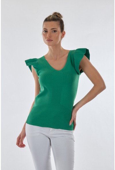 On Kare Yaka Düşük Kol Yeşil Kadın Bluz 22169300