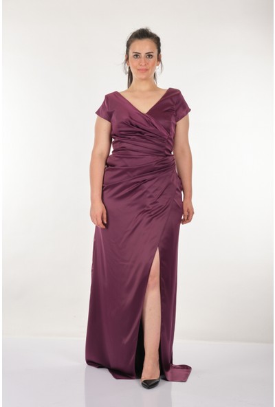 Dori V Yaka Büyük Beden Düşük Kol Vişne Kadın Elbise 221BB4051