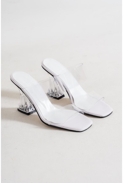 Basskan Bayan Beyaz Şeffaf Topuk Şeffaf Bant Terlik