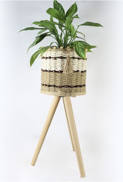 Monchi Jüt Örgü Hasır Sepet Ahşap Saksılık Naturel 26 cm