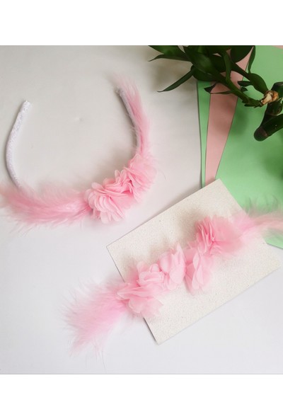 Anne Kız Bandana ve Taç Seti -Pembe Çiçekli ve Tüylü Anne Kız Bandana ve Taç Seti -Pembe Çiçekli ve Tüylü