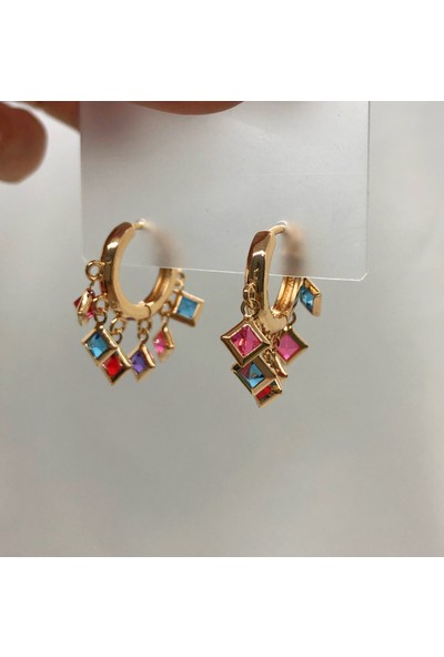 Saccuro Renkli Taşlı Çelik Charmlı Küpe