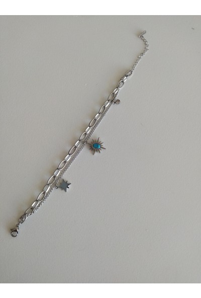 iki Zincirli Firuze Taşlı Yıldız Çelik Bileklik