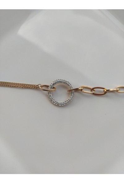 ortası Yuvarlak Zirkon Taşlı Iki Zincirli Şık Kadın Çelik Bileklik