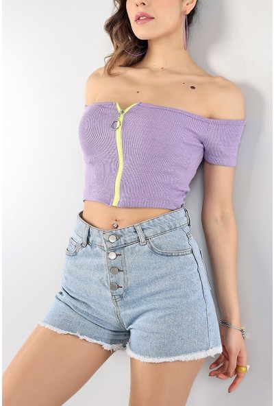 Enough Fermuarlı Fitilli Crop Bluz