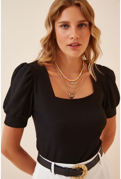 Ners Siyah Kare Yaka Balon Kollu Örme Bluz