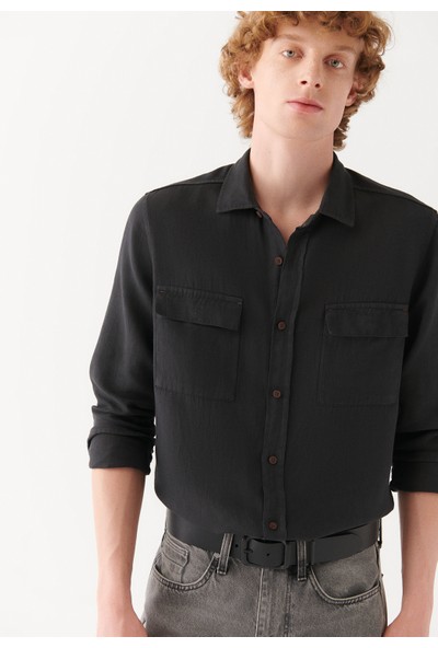 Mavi Keten Karışımlı Çift Cepli Gömlek