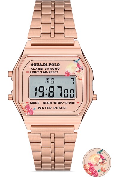 Aqua di Polo Kadın Rose Gold Metal Kordonlu Kurukafa Çiçek Desenli Dijital Retro Saat APWA063601