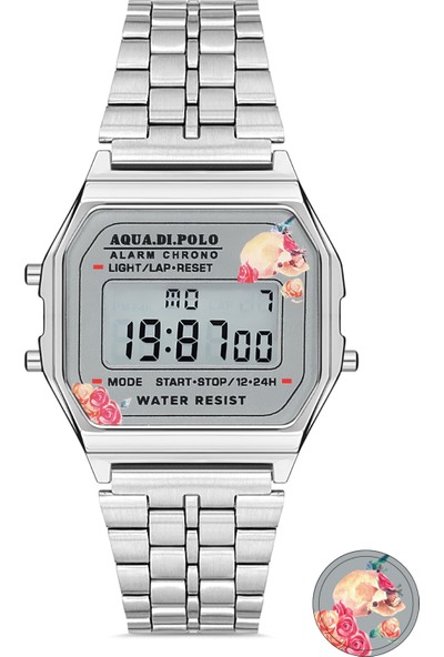 Aqua di Polo Kadın Gümüş Metal Kordonlu Kurukafa Çiçek Desenli Dijital Retro Saat APWA063600 Aqua di Polo Kadın Gümüş Metal Kordonlu Kurukafa Çiçek Desenli Dijital Retro Saat APWA063600