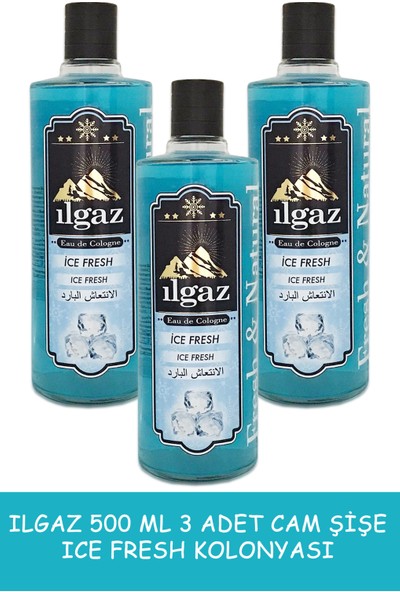 Ilgaz 3'lü Özel Seri Cam Ice Fresh Kolonya 500ML Kalıcı Ferahlatıcı Eau De Cologne Buz Ferahlığı Kolonyası