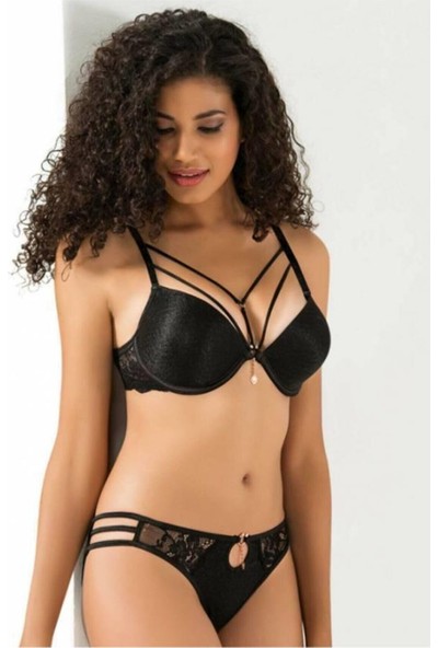 Le Jardin 5020 Silikonlu Taşlı Simli Sütyen Takım Siyah