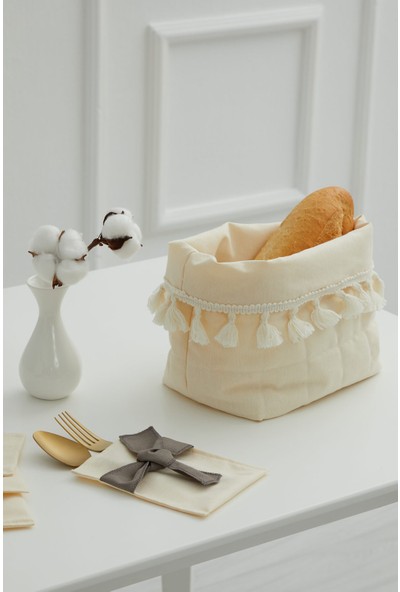 Moda Çizgi Püsküllü Ekmek Sepeti,krem,es-2 Moda Çizgi Püsküllü Ekmek Sepeti,krem,es-2