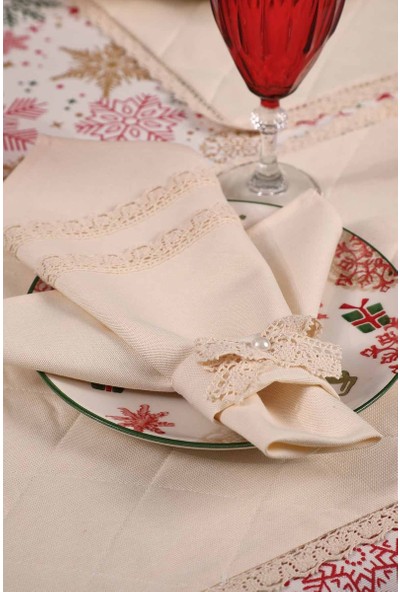 Moda Çizgi Dantelli Peçete Halkası 2 Li Krem