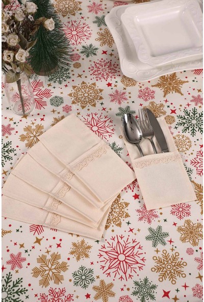 Moda Çizgi Dantelli Çatal Kaşık ve Bıçak Kılıfı 2 Li Krem