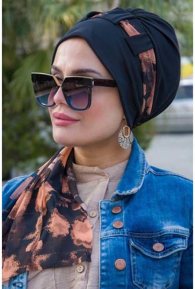 Karışık Cadde Siyah Taba Fularlı Bone - 40600 Karışık Cadde Siyah Taba Fularlı Bone - 40600