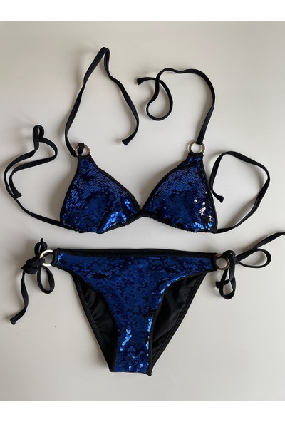 Zi Siyah Mavi Pul Payetli Üçgen Bikini Takımı Zi Siyah Mavi Pul Payetli Üçgen Bikini Takımı