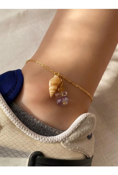 Venüs Takı ve Aksesuar Ametrin Doğal Taşı Deniz Kabuklu Zincir Halhal