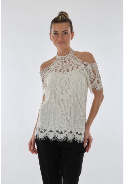 Ekol Halter Yaka Dantel Detaylı Ekru Kadın Bluz 22103060