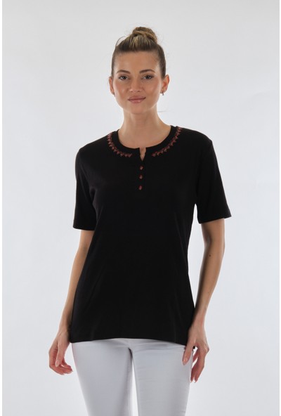 Desen Yuvarlak Yaka Çiçekli Uzun Kollu Siyah Kadın Bluz 22122750