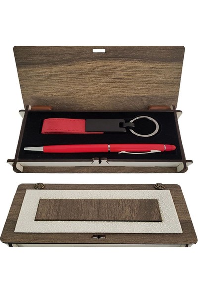 Nefertiya Ahşap Kutulu Kırmızı Anahtarlık ve Kalem Set