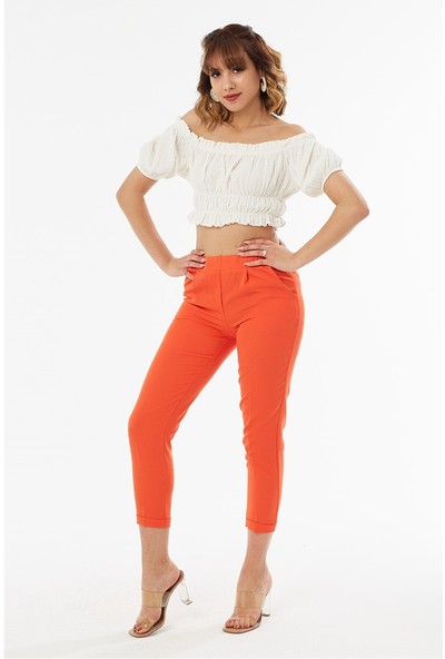 Nisan Beli Lastikli Duble Paça Pantolon Oranj P4508 Nisan Beli Lastikli Duble Paça Pantolon Oranj P4508