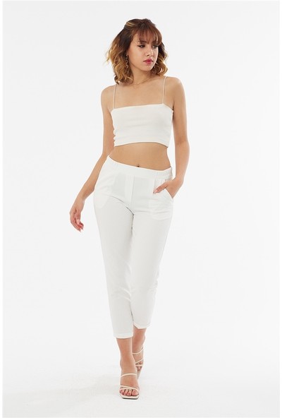 Nisan Beli Lastikli Duble Paça Pantolon Beyaz P4508 Nisan Beli Lastikli Duble Paça Pantolon Beyaz P4508
