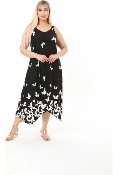 Melsay Siyah Kelebek Desen Toka Detaylı Askılı Elbise
