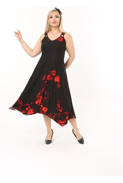 Melsay Kırmızı Gelincik Desen Toka Detaylı Askılı Elbise Melsay Kırmızı Gelincik Desen Toka Detaylı Askılı Elbise