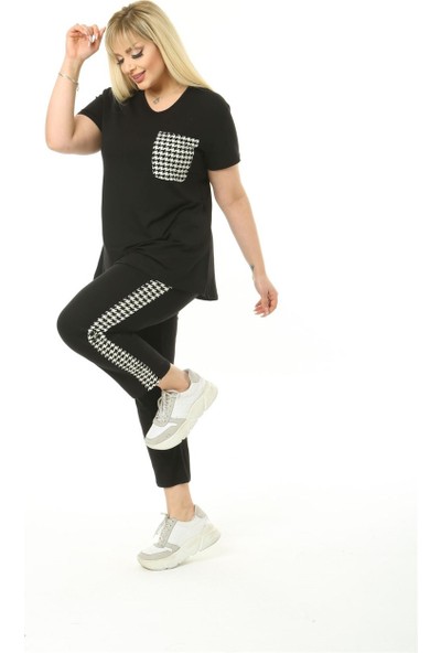 Melsay Siyah Büyük Beden Kazayağı Desen Cep Detaylı Kısa Kollu Kapri Takım Melsay Siyah Büyük Beden Kazayağı Desen Cep Detaylı Kısa Kollu Kapri Takım