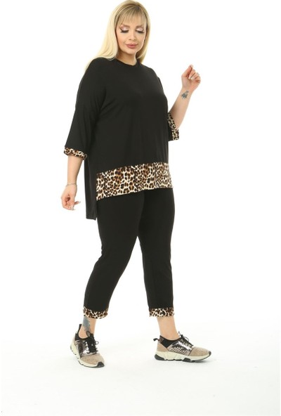 Siyah Leopar Şerit Detaylı Kapri Takım Siyah Leopar Şerit Detaylı Kapri Takım