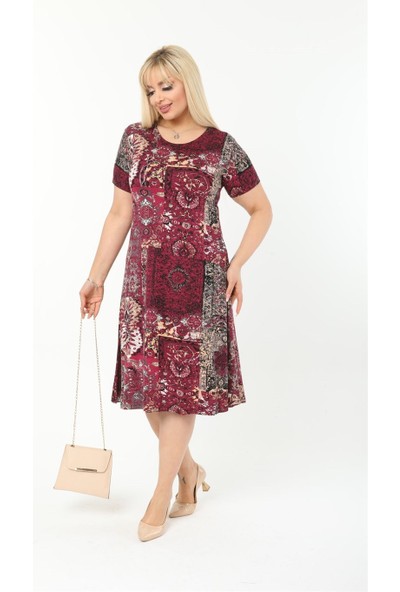 Bordo Etnik Desen Midi Elbise