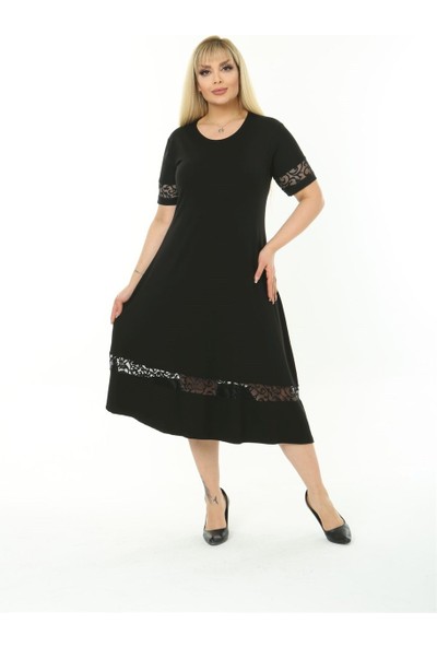 Siyah Eteği Dantel Detaylı Kısa Kol Elbise Siyah Eteği Dantel Detaylı Kısa Kol Elbise
