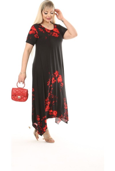 Melsay Siyah Asimetrik Kesim Kırmızı Gelincik Desen Kısa Kol Elbise