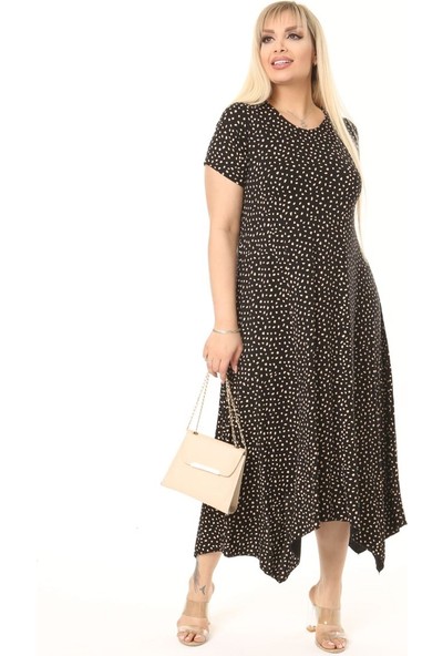 Melsay Siyah Asimetrik Kesim Vizon Puantiye Desen Kısa Kol Elbise