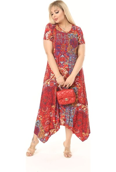 Asimetrik Kesim Kırmızı Etnik Desen Kısa Kol Elbise