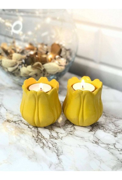 Sevgiliye Hediye 2'li Lale Temalı Mum Hediyeli Sarı Mumluk