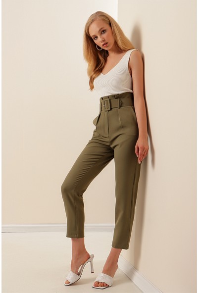 Z Giyim Kadın Haki Kemerli Yüksek Bel Kumaş Pantolon