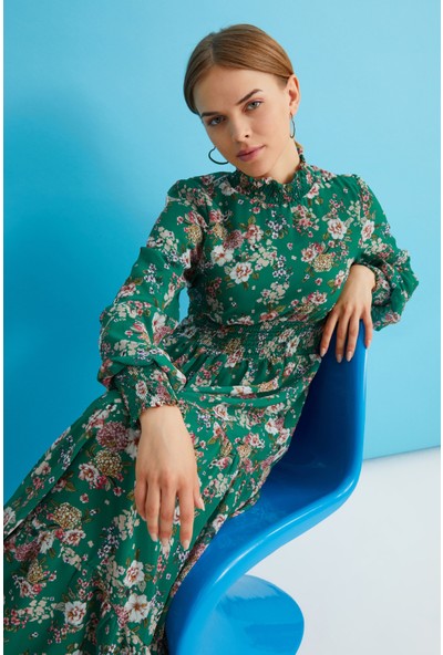 Z Giyim Kadın Yeşil Beli ve Kol Ağzı Lastikli Desenli Elbise